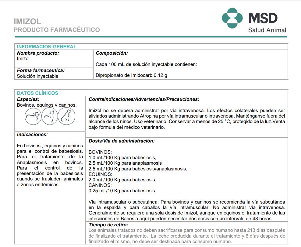 IMIZOL * 100 ML Dipropionato de Imidocarb 0.12 g - Grupo Surticampo